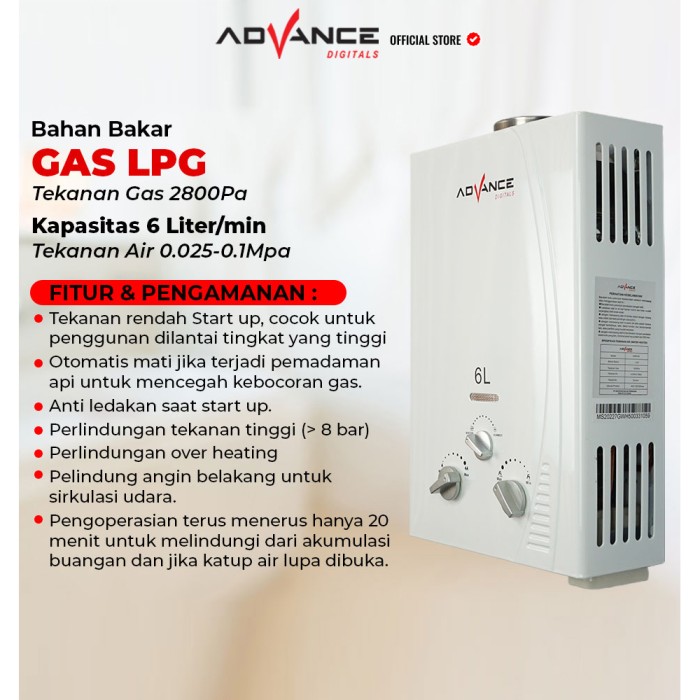 Water Heater Advance GWH50 Gas Pemanas Air Kamar Mandi Gas - Advance ...